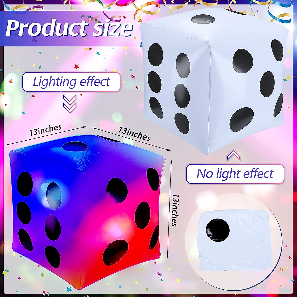 3 Pack Light up LED Jumbo Inflatable Dice Outdoor Fun Glowing Giant Inflatable Dice Set for Indoor and Outdoor Broad Game Birthday Ludo Pool Party (White, 13 x 13 Inch)