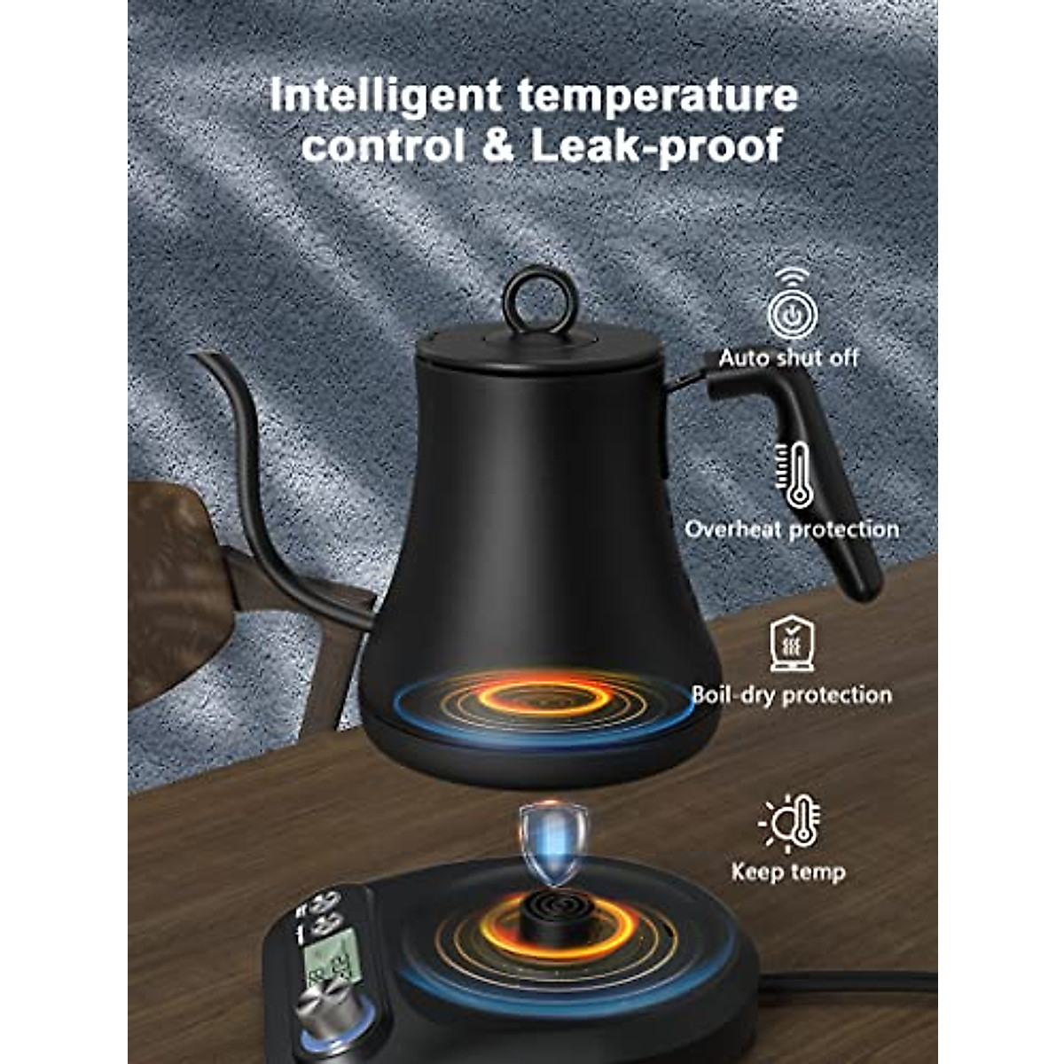 Elechelf Electric Gooseneck Kettle, 0.8L Pour-Over Coffee Kettle, Variable Temperature Control Tea Kettle, Auto Shut off & Boil-Dry Protection, 1000W Stainless Steel Electric Kettle