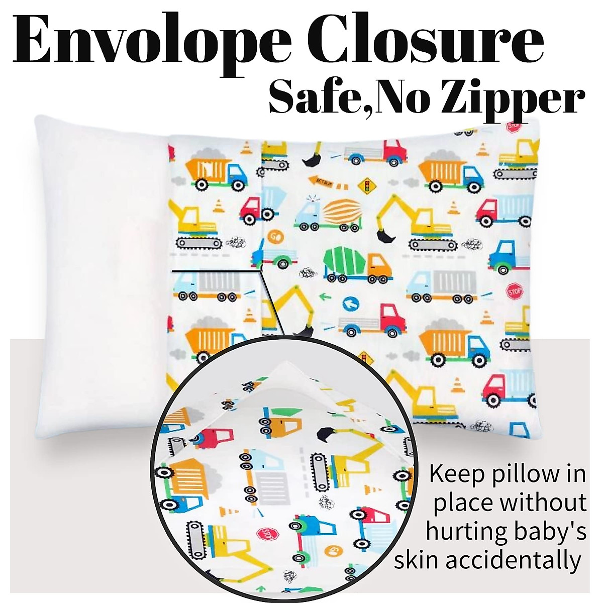 Baby Toddler Pillow Cases Trcuk Pattern - Child Pillowcase Fit Kids & Travel Pillows 13 x 18, 14 x19 - Soft Cotton Pillows Cover Set of 2, Envelope Pocket, Durable Well Stitched, Boy Girl Crib Bedding