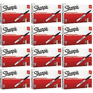 Sharpie 32701 Retractable Permanent Markers, Fine Point, Black, 144 Count (12 Boxes of 12 Markers each Box)