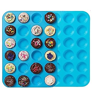 Premium Silicone Mini Muffin & Cupcake Baking Pan Large Non Stick 24 Cup Cookies Molds Bakeware Tin Soap Tray Mould by Meiso (Set of 2) (Blue)