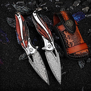 ALVELY Handmade Japanese VG10 Damascus steel Folding Pocket Knife，With leather case，Liner Lock，3.1in high hardness blade，Wooden Handle，men's folding knife hiking trip EDC tool Knife