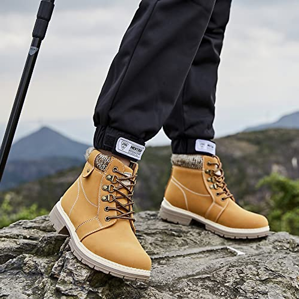 COTTIMO Winter Snow Hiking Boot for Women - Casual Brown Combat Non-slip Work Ankle Boot Clearance Backpacking Boots Leather Waterproof Hiking Shoes Wedge Platform Heel Booties LMW18-CAMEL-10