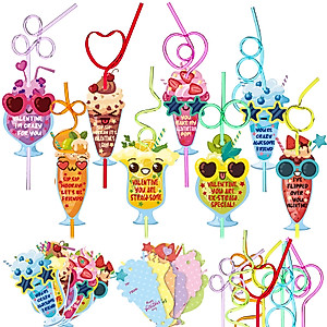 32 Pack Valentines Day Cards with Crazy Straws for Kids Valentine Gift Card Exchange with Heart Straws for Girls Boys School Class Exchange Gifts Prizes Valentine's Party Favors