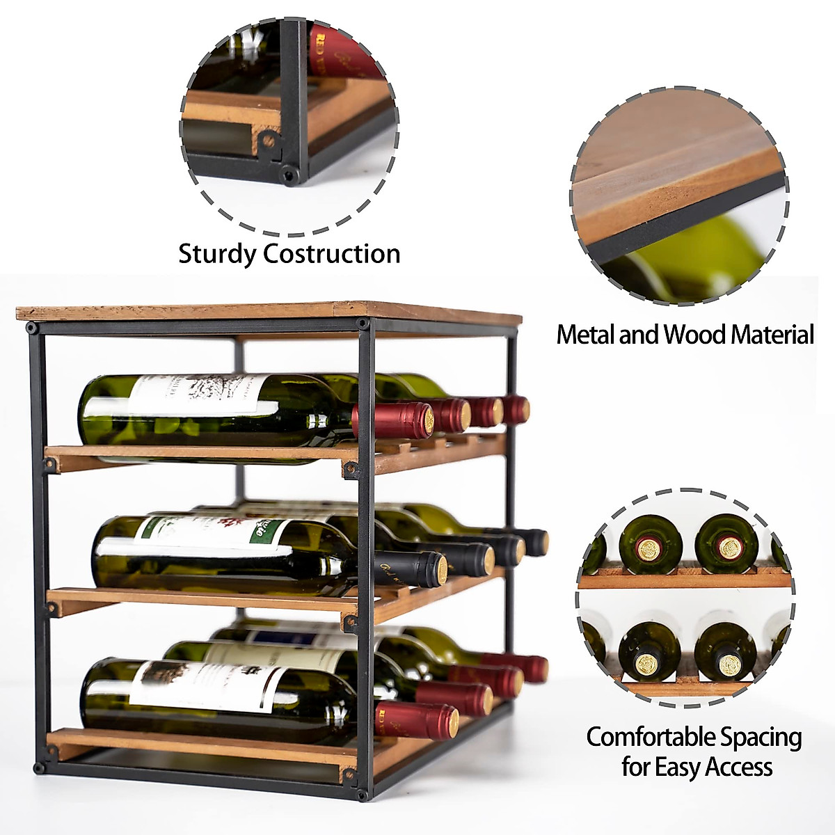 Wine Rack Countertop Tabletop Wine Holder - Rustic Wine Stand 12 Bottle Freestanding Storage Display Wine Cabinet