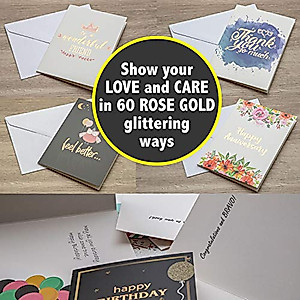 40 Unique Birthday Cards + 20 All Occasion Greeting Cards, Individually Packed Rose Gold Foil Large 5”x7” Thank You, Anniversary Cards, Simple Message Inside, Magnetic Box Variety Set w/Thick Envelope