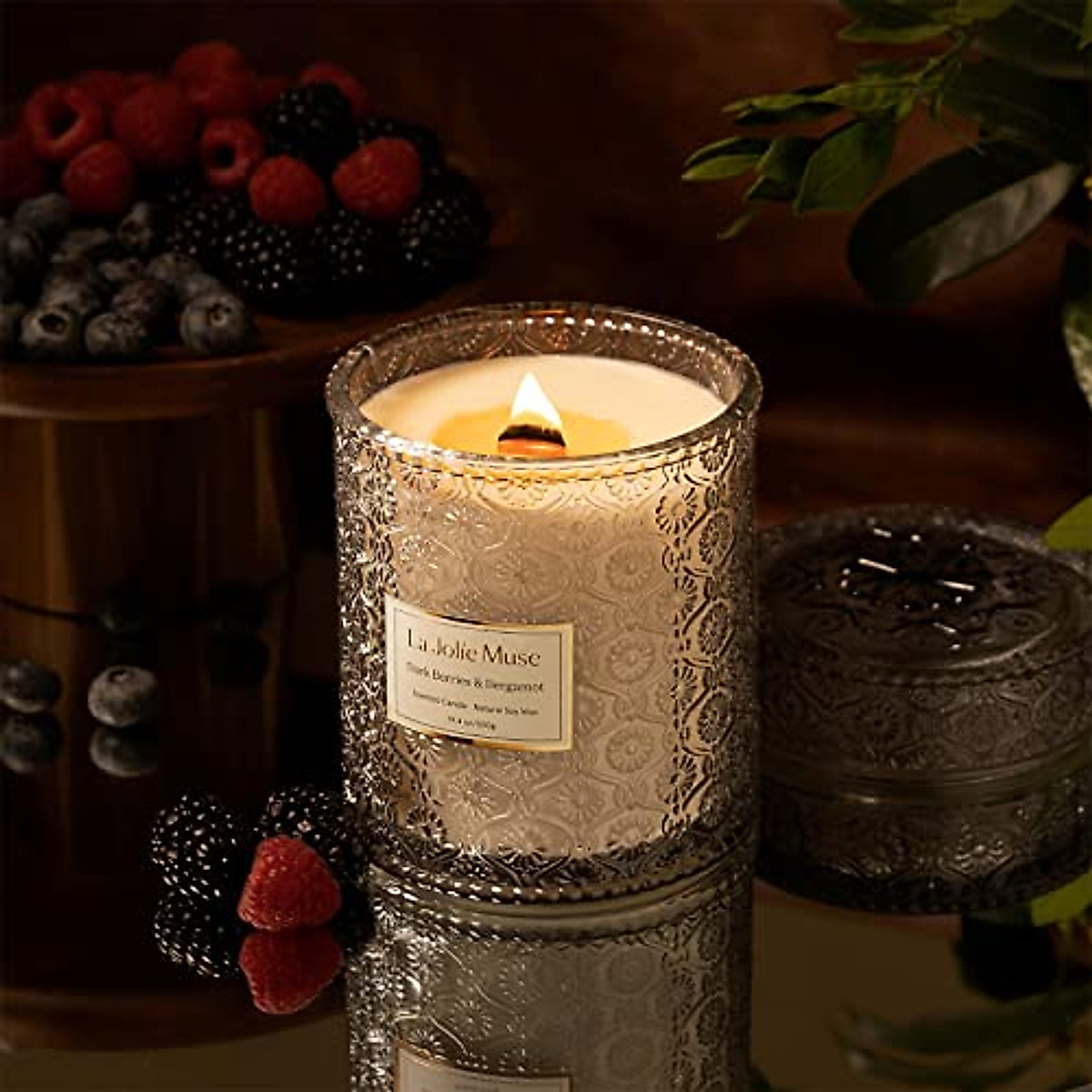 LA JOLIE MUSE Dark Berries & Bergamot Scented Candle, Large Glass Jar Candle, Candle Gift, Natural Soy Candle for Home, 90 Hours Long Burning Time, 19.4 Oz