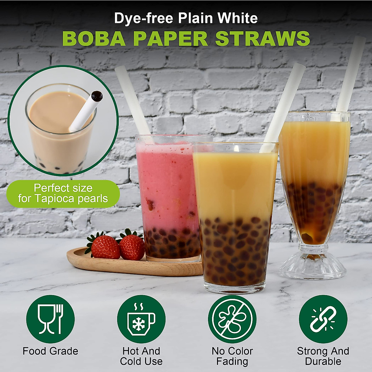 Chunspak 9 Inch Individually Wrapped Disposable White Paper Boba Straws, Bubble Tea Straws 100 Counts, 0.5"/12mm Wide - Pointed End, Extra Thick, Fat - Eco-friendly Biodegradable