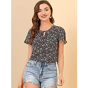 Allegra K Floral Blouse for Women's Short Sleeve Ruffled Tie Neck Blouse Small Black