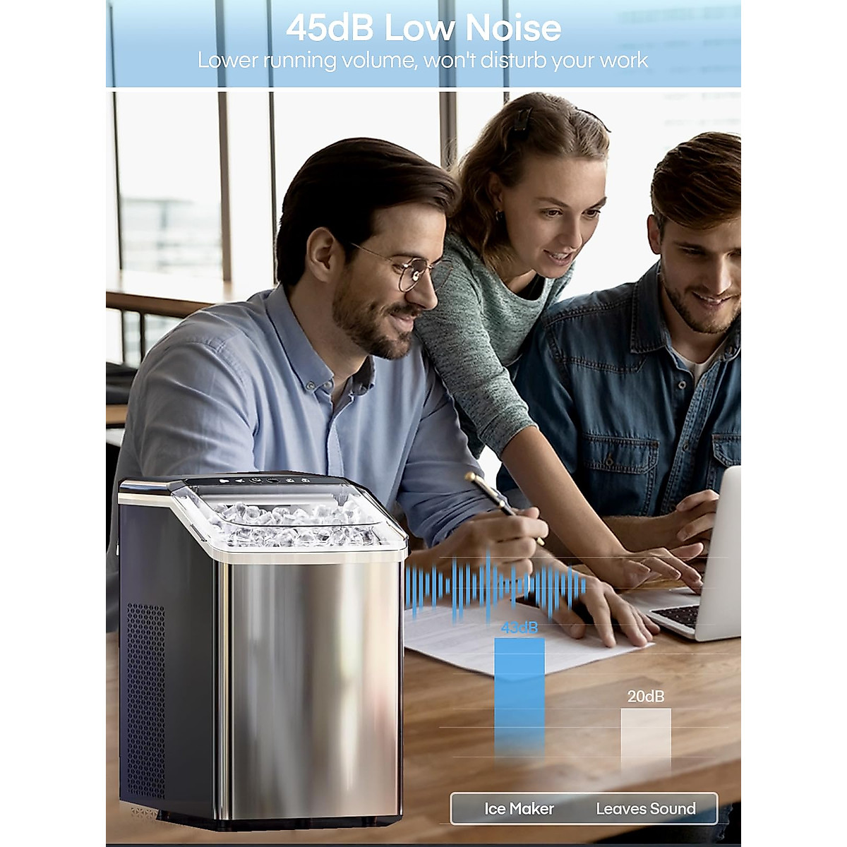 Nugget Ice Maker Countertop, 55lbs/24H Tooth-Friendly Soft Chewable Pebble Ice Machine, Self-Cleaning with Drainpipe, Crushed Pellet Ice Makers for Home Kitchen Party, Stainless Steel