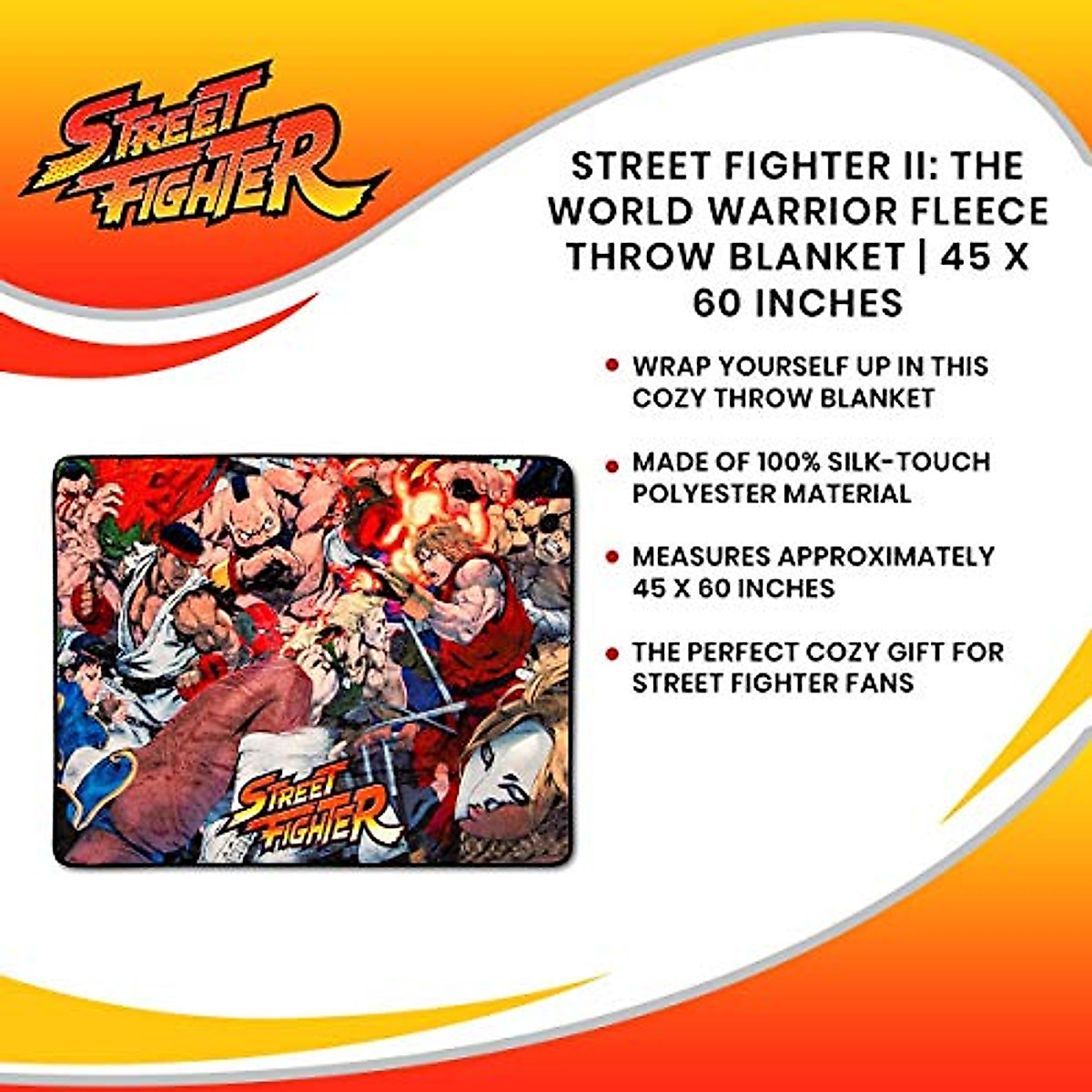 Street Fighter II: The World Warrior Plush Throw Blanket | Cozy Sherpa Wrap Covering For Sofa, Bed | Super Soft Lightweight Fleece Blanket | Geeky Home Decor | 45 x 60 Inches