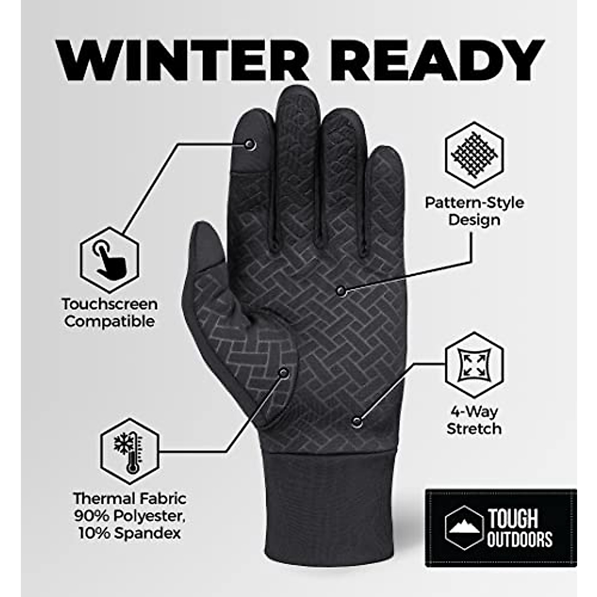 Tough Outdoors Running Gloves with Touch Screen - Black Winter Glove Liners for Texting, Cycling, Driving for Men & Women - Thin, Lightweight & Warm Cold Weather Thermal Sports Gloves