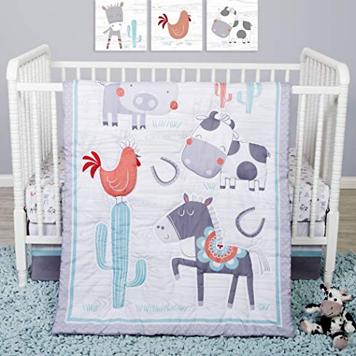 Sammy & Lou Farmstead Friends 4-Piece Baby Crib Bedding Set, Includes Quilt, Fitted Crib Sheets Neutral, Crib Skirt, and Plush Toy