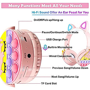 Astro Alan Kids Headphones, Unicorn Pop Bluetooth Wireless for Headphones Over Ear, Fidget Bubbles Cat Ear School Built-in Mic Foldable Girls Boys Women Tablet/iPad/Phone/PC(Pink) (02)
