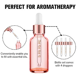 PrettyCare 4 Pack 1oz Eye Dropper Bottle Rose for Essential Oils with Measured Pipettes, 30ml Glass Bottles with Eye Droppers Tincture Bottles, Leak Proof Travel Bottles