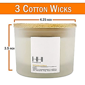 HHI Citrus Candle | A Blend of Lemon, Orange, Lime and Eucalyptus | Sicilian Citrus | All Natural Soy Candle | Large 12 Ounce Three Wick Candle | Long burn time | includes Bamboo Lid and Gift Box