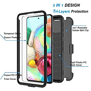 Njjex Rugged Case For Samsung Galaxy A71 5G, For Galaxy A71 Case + Tempered Glass Screen Protector [2 Pack], [Nbeck] Shockproof Heavy Duty Locking Swivel Holster Belt Clip Kickstand Hard Cover [Black]