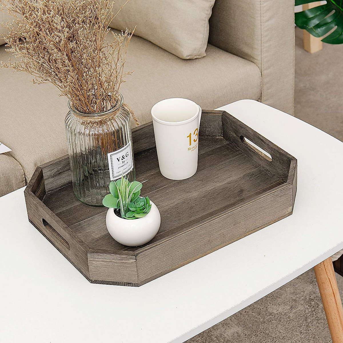 Grey Octagon Country Rustic Wood Nesting Breakfast Serving Trays,Coffee Serving Trays with Cutout Handles,16.5x12.25