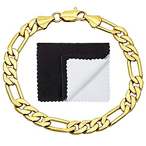 The Bling Factory 7.8mm 14k Yellow Gold Plated Flat Figaro Chain Bracelet, 8 inches + Gift Box