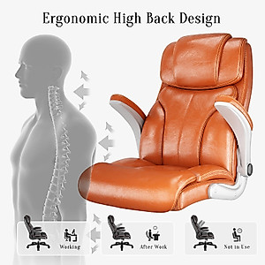Sucrever Executive Desk Chair, Big and Tall Home Office Chairs for Heavy People 400lbs Wide Seat, High Back Executive Office Chair with Adjustable Flip up Arm, Orange Leather Computer Desk Chair