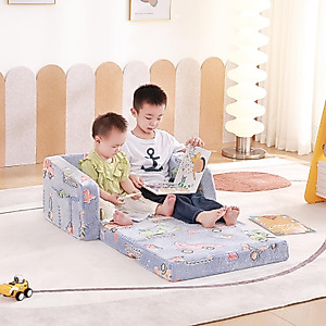 Tiita Kids Sofa Chair, 2 in 1 Toddler Fold Out Couch, Comfy Kids Sofa for Playroom-Extra Soft 2 Seats, Glow in The Dark Children Couch to Lounger for Girls Boys, Vehicles