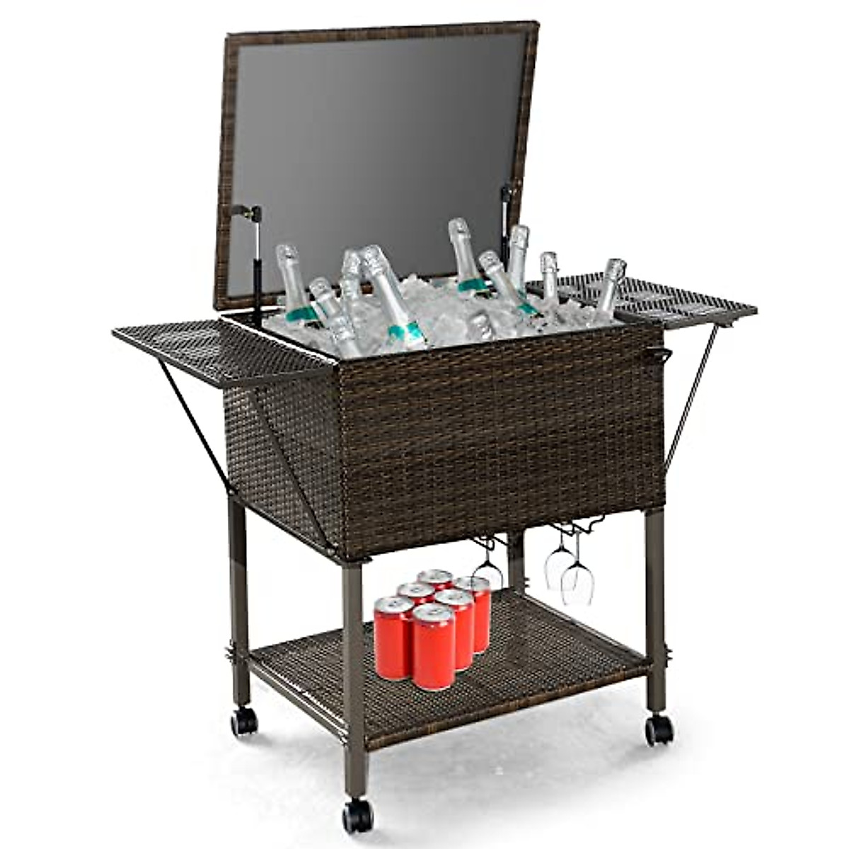Giantex 108 Quart Rolling Cooler with Wheels, PE Rattan Rolling Cart, Wicker Cooler Trolley with Shelf, Side Display, Bottom Storage Shelf, Beverage Bar for Outdoor, Patio, Poolside, Porch