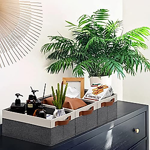 GhvyenntteS Small Storage Basket with Leather Handles, Fabric Storage Bin Baskets for Organizing, Foldable Fabric Storage Baskets for Shelves, Closets, Home, Office (Grey/White, 11.8" x 7.87" x 5.11")