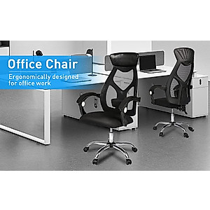 Ergonomic Office Desk Chair, Recliner with Mesh High Back Leather Headrest, Adjustable Lumbar Support Reclining Office Chair, Padded Armrest for Swivel Office Task Computer Chair, Modern Black