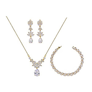 UDYLGOON Wedding Earrings Necklace Bracelet Jewelry Set For Women Bridal Bridesmaid Party Prom (Gold)