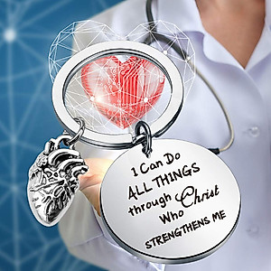 LQRI Anatomy Keychain Cardiologist Gift I Can Do All Things Through Christ Who Strengthens Me CHD Awareness Heart Disease Awareness Jewelry Dotor Nurse Cardiology Gifts (sliver)