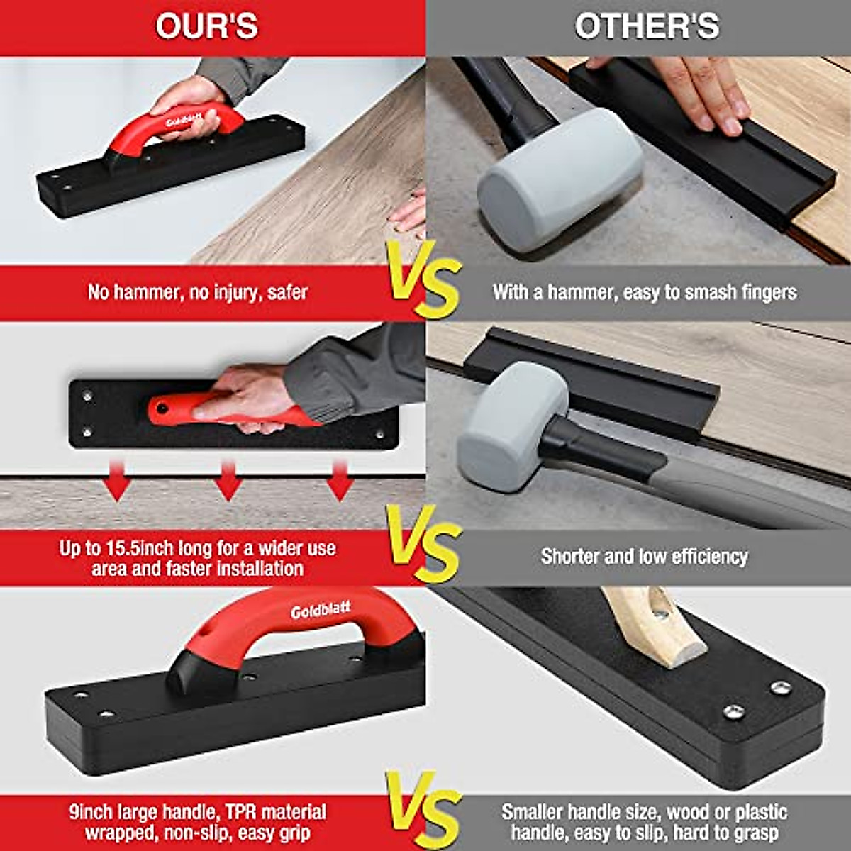 Goldblatt Tapping Block for Vinyl Plank Flooring, Heavy Duty Hammer-Free Flooring Installation Tool with 9" Large Soft-Grip Handle for Installing Laminate, Hardwood, LVP, LVT or Engineered Wood