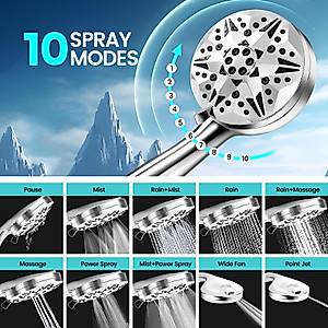 NHOWIN Anti-clogging Shower Head, 10 Functions High Pressure Shower Head with handheld Built-in Power Spray to Clean Corner, Tub & Pets, Stainless Steel Hose Adjustable Bracket