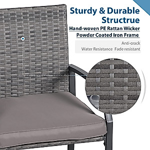 JOIVI 3 Piece Patio Bar Set, Outdoor Wicker Counter Height Bar Stools and Wood Top Table Set for 2 People, Bar Height Table Bistro Set with 2 Bar Chairs and Cushions for Backyard, Balcony