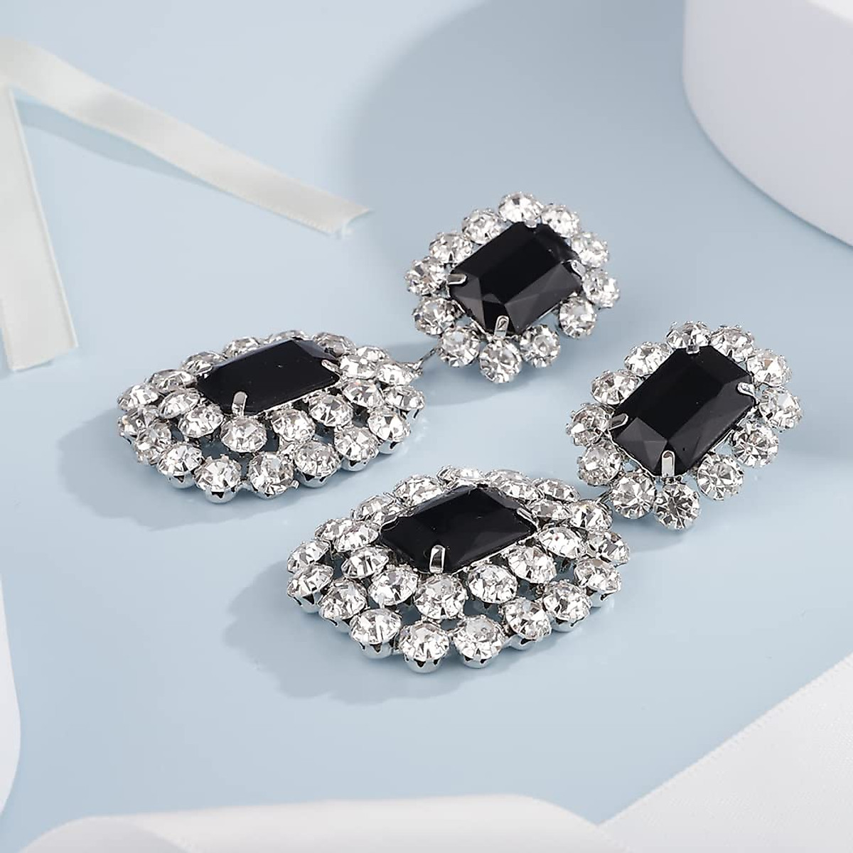 fxmimior Women Bride Wedding Boho Statement Large Black Rhinestones Elegant Earrings Silver Tassel Full Rhinestones Long Chain Drop Dangle Prom Earrings Jewelry for Women Girls (Silver)