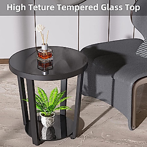 NSFRCLHO Round End Table, Tempered Glass End Table with Metal Frame, Small Coffee Table, Black Sofa Side Table for Living Room, Balcony, Bedroom
