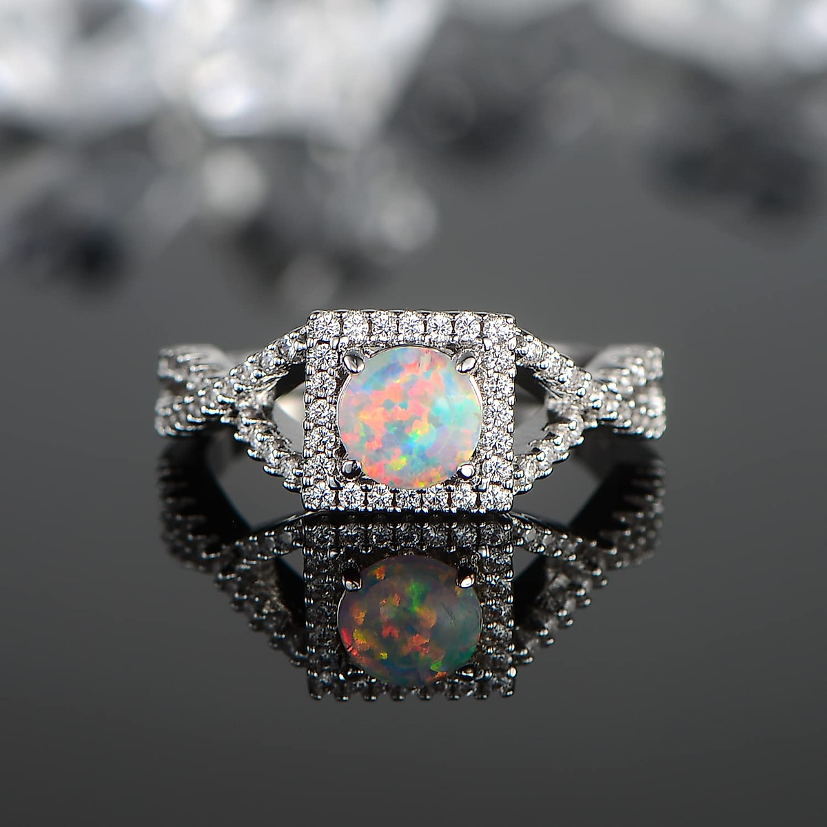 Gemsme 18K White Gold Plated Square White Fire Opal Ring Halo Engagement Birthstone Rings for Women (8)