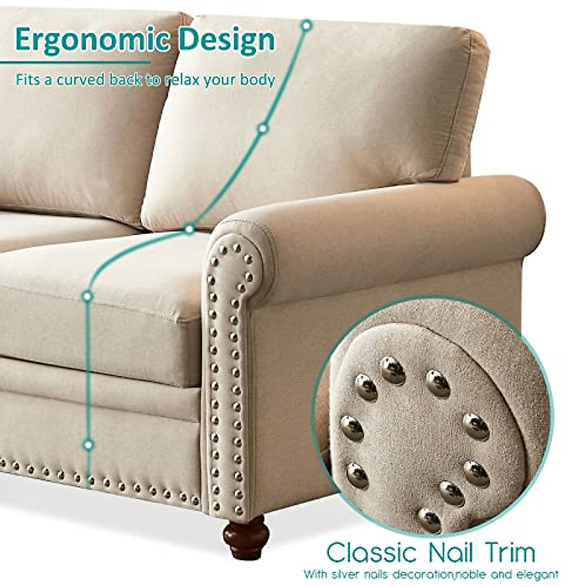 CALABASH Loveseat Sofa, Modern Upholstered Love Seat 2 Seater Small Couch with Classic Nails & Seat Cushion Backrest Removable for Living Room, Bedroom, Apartment, Small Space(Beige Fabric)