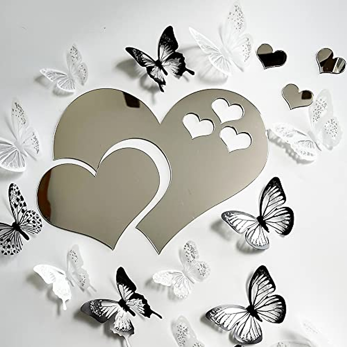 36pcs 3D Crystal Butterfly and 5pcs Silver Acrylic Mirror Hearts Wall Stickers with Adhesive Art Decal Satin Paper Baby Kids Bedroom Home DIY Decor Removable Stickers (36 Butterfly and Silver Heart)