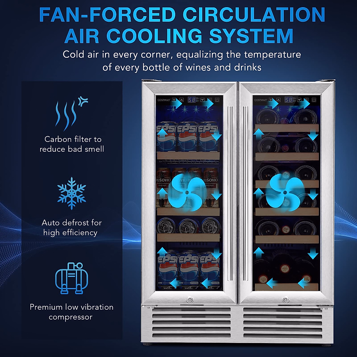 CHEFJOY Beverage and Wine Cooler Refrigerator, Dual Zone 2-in-1 Wine Fridge Cellar w/Independent Temperature Control, LED Lights, 18 Bottles & 57 Cans, Quiet Operation, Freestanding or Built-in