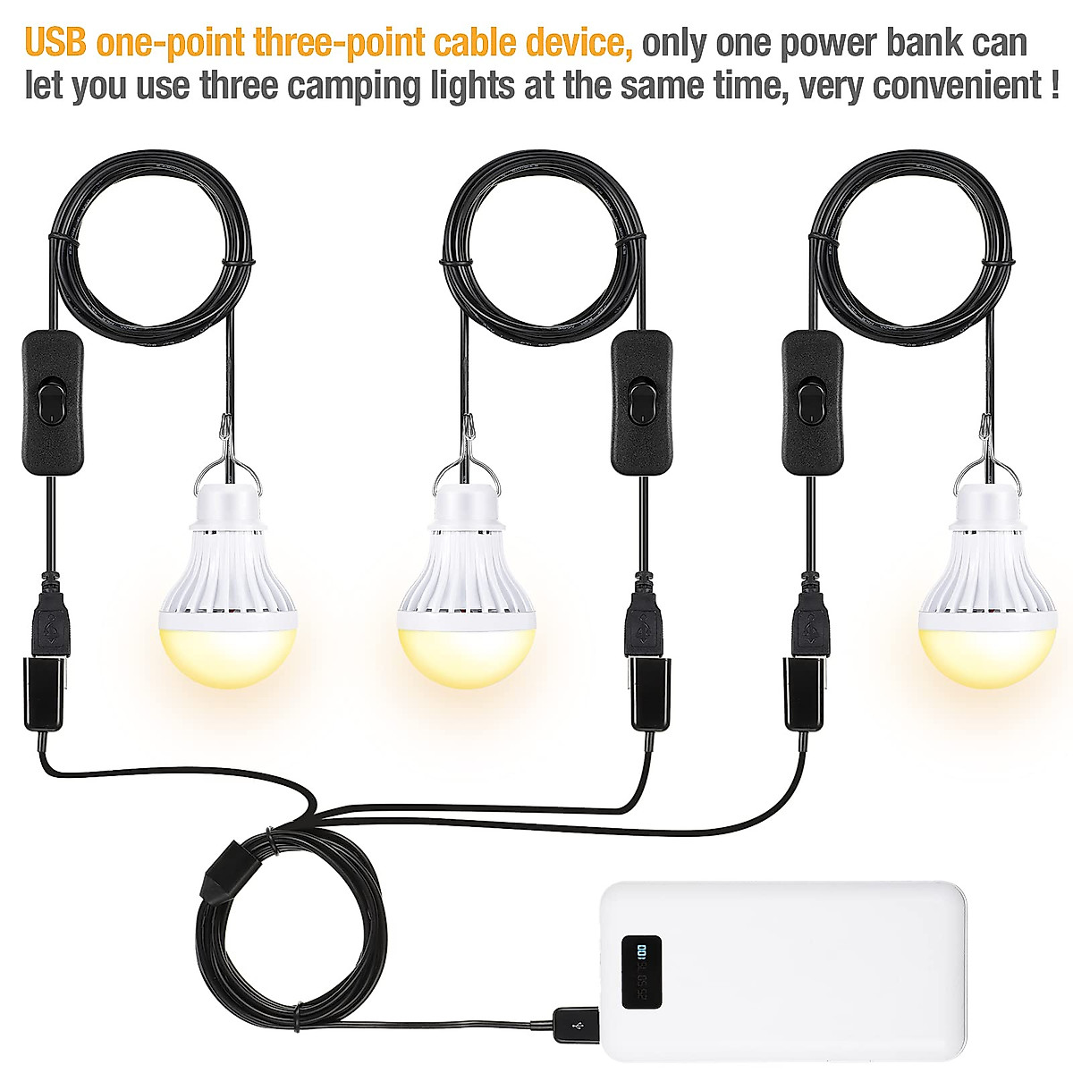 Tuanse 3pcs USB LED Light LED Camping Light Bulb with USB Splitter Cable 1 to 3, 8.2ft Extra Length Cord Tent Light USB Portable LED Lantern for Garage Warehouse Truck Fishing Boat Outdoor, Warm White