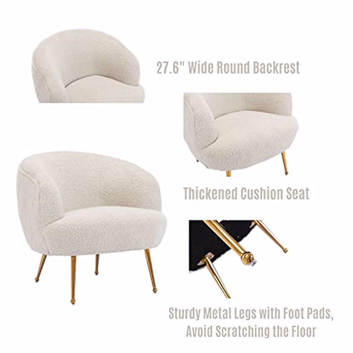 LukeAlon Sherpa Accent Chair with Ottoman Set, Upholstered Round Back Living Room Chair with Footrest Comfy Sofa Chair with Golden Metal Legs Elegant Barrel Chair for Reading Room, White