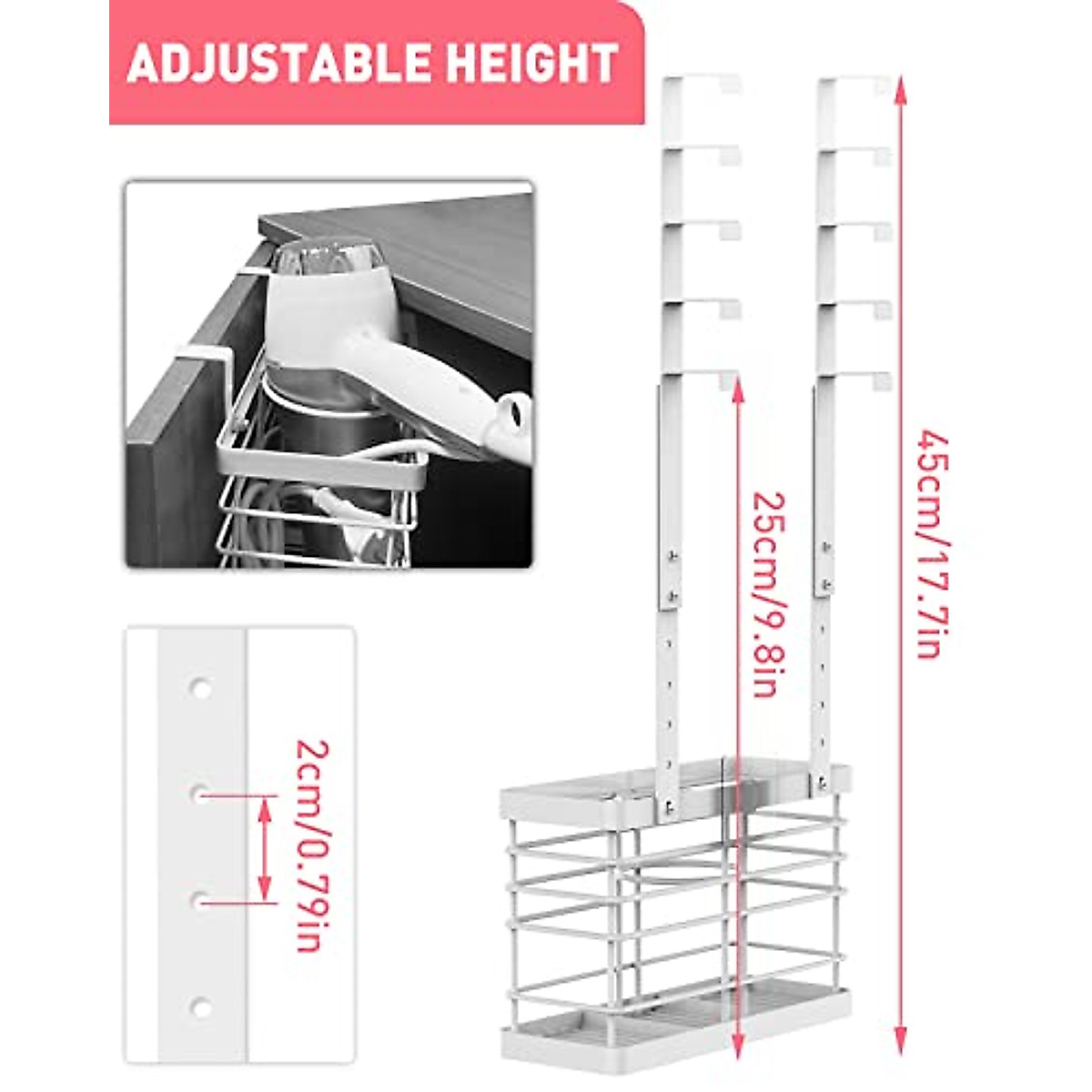 Hair Dryer Holder, REFLYING White Hair Dryer Organizer Wall Mounted, 8 Adjustable Height, Over Door Cabinet Hair Dryer Stand Holder Hands Free, Hair Dryer Holder Stand, Hair Straighteners,3 Sections