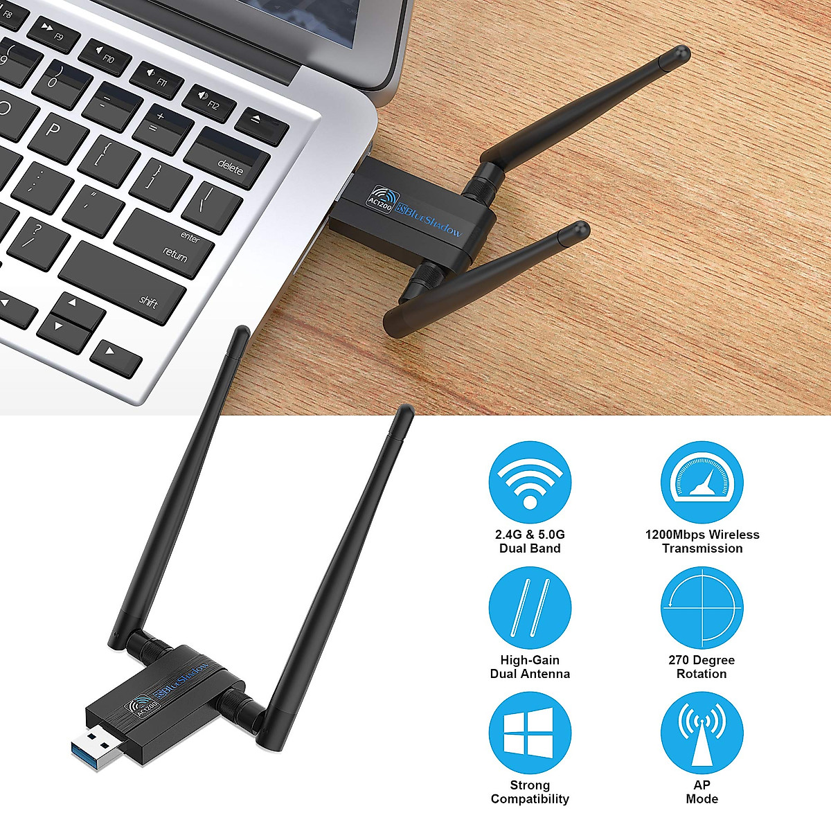 Blueshadow AC1300 USB WiFi Adapter - 2.4G/5G Dual Band Wireless Network Adapter for PC Desktop, MU-MIMO WiFi Dongle, USB 3.0, Supports Windows11/10/8/7/Vista/XP, /Mac OS X 10.5-10.15