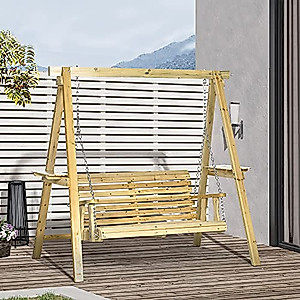 Outsunny 2-Seat Porch Swing Loveseat with Stand and Side Tables, Wooden Patio Swing Chair, for Garden, Poolside, Backyard