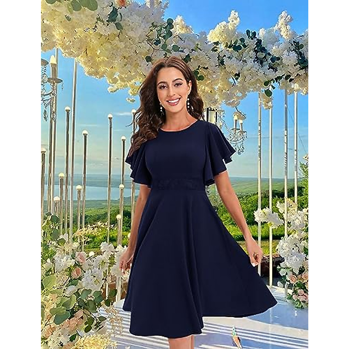 Gardenwed Navy Blue Women's Cocktail Dress Ruffle Short Sleeve A Line Swing Fit and Flare Midi Party Fall Dresses Navy M