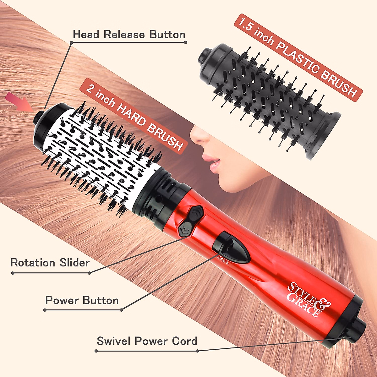 Hot Air Brush Styler and Dryer,Rotating Hair Dryer Brush for Salon at Home,2-in-1 Electric Rotating Hair Curlyer Comb for Stylish Vibrant Curly Hair (Red)…
