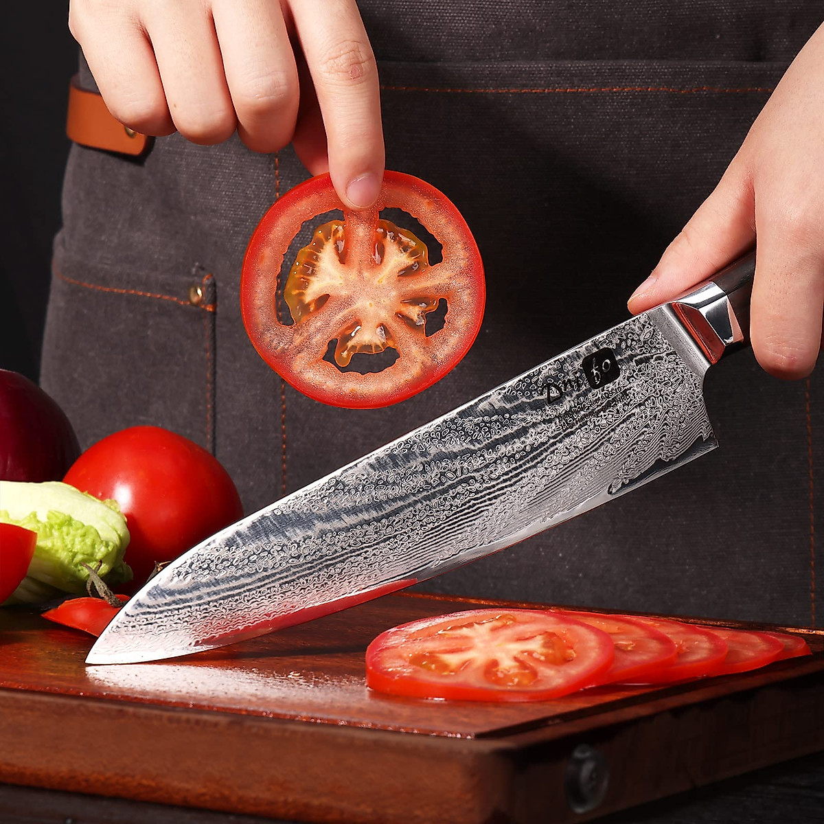 Dnifo Japanese Chef Knife 8-inch AUS-10 73-layer Damascus Stainless Steel Full Tang Non-stick Blade Kitchen Knife, Ergonomic Wooden Handle with Gift Box