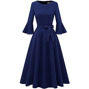 Modest Dresses for Women 3/4 Sleeve Vintage Wedding Guest Midi Dress Long Sleeve Dress for Women Fit and Flare Tea Party Homecoming Dress Navy L