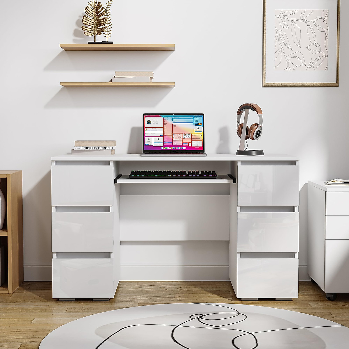 Furnicare Computer Desk with Storage Shelf and 6 Drawers, 47 inch Writing Home Office Workstation, Modern Work Study Writing Table Desk, Wood PC Laptop Desk, Desk for Bedroom, White