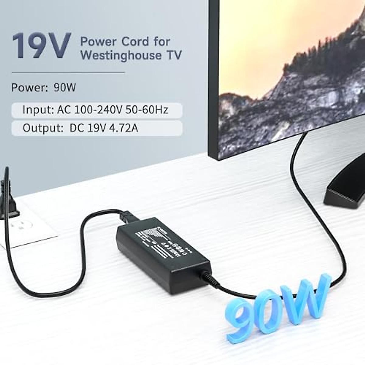 90W 19V Power Cord for Westinghouse TV, Westinghouse 24 32 40 42 46 inch UW40TA2W UW40T8LW LED TV UW32SC1W UW32S3PW UW40TC1W LD-2480 LD-4680 LD-4695 LD-3255VX LD-4255VX EW39T6MZ Power Supply Adapter